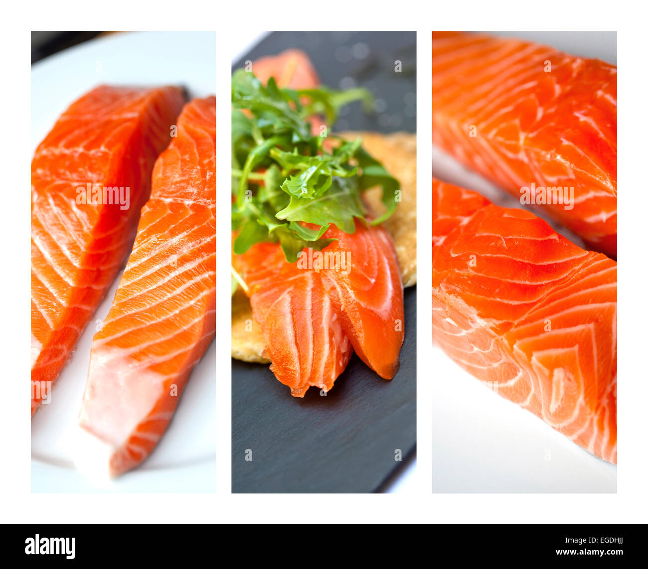 Pieces of salmon on a collage Stock Photo - Alamy