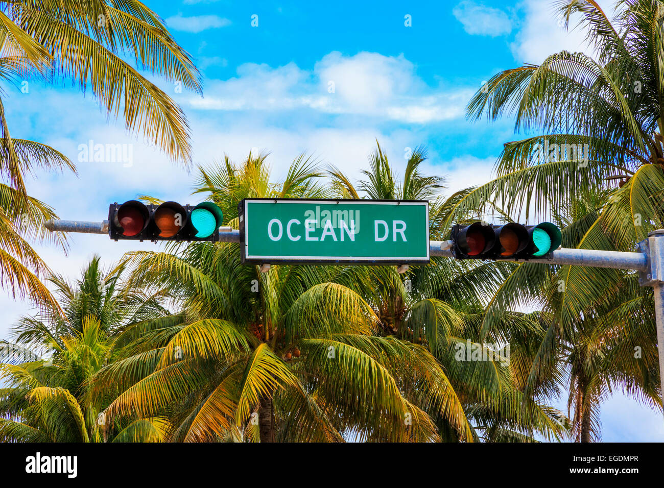Ocean Drive road sign hanging over the highway on South Beach, Miami ...