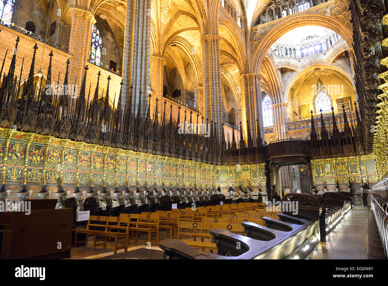 Interior of cathedral with choir stalls, La Catedral de la Santa Creu i ...