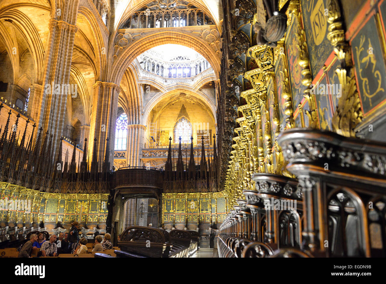 Interior of cathedral with choir stalls, La Catedral de la Santa Creu i ...