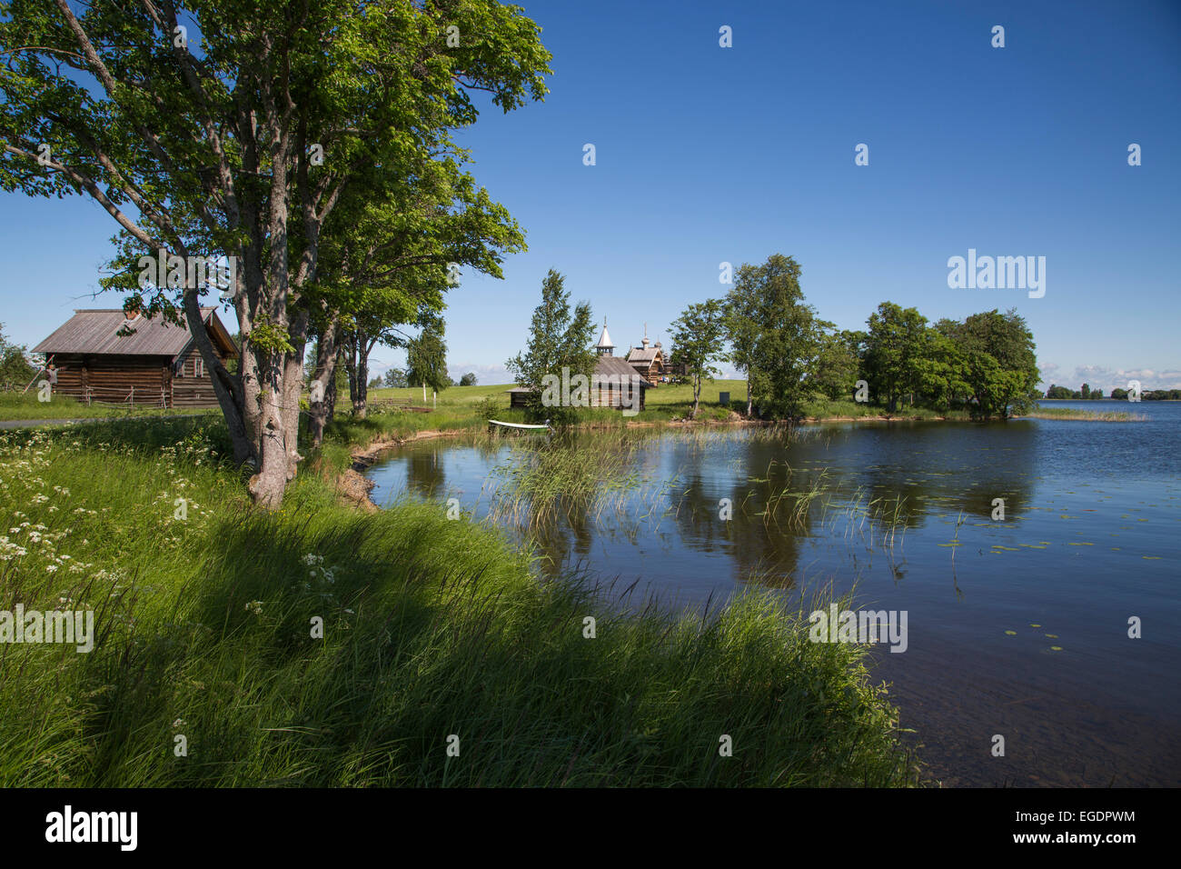 Wooden buildings and lake shore at Kizhi Pogost, Kizhi Island, Lake ...