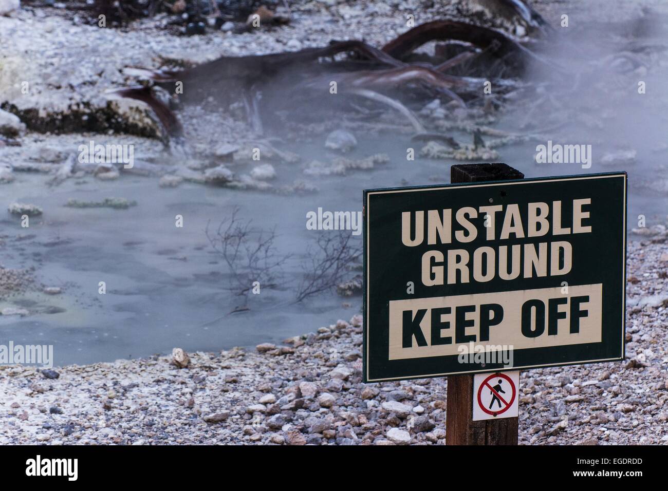 a warning sign unstable ground in a geothermal area in new zealand ...