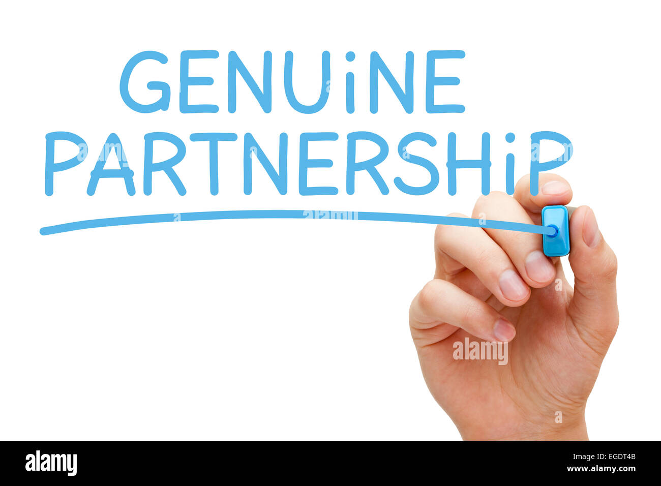 Hand writing Genuine Partnership with blue marker on transparent wipe ...