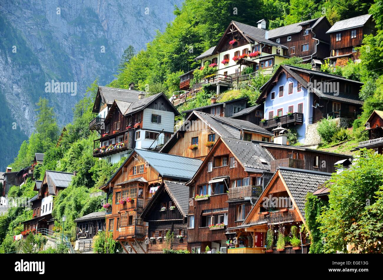 Image of famous alpine village Halstatt during colourful summer morning ...