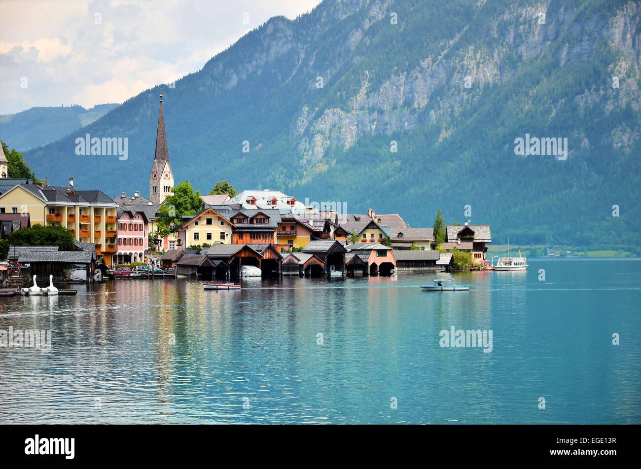 Image of famous alpine village Halstatt during colourful summer morning ...