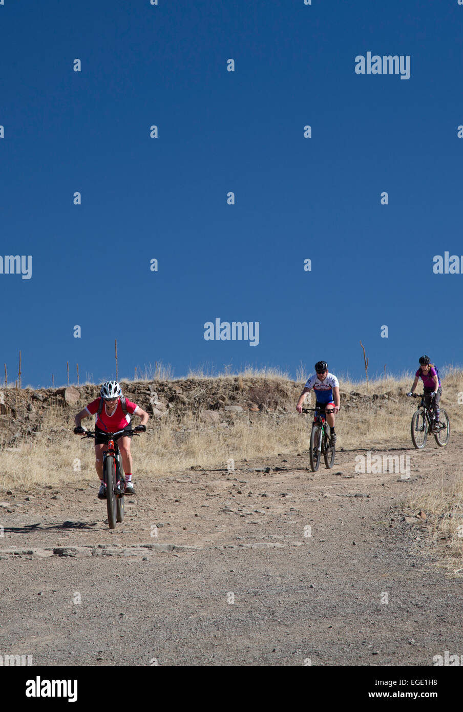 Golden, Colorado - Mountain bike riders on North Table Mountain, a mesa ...