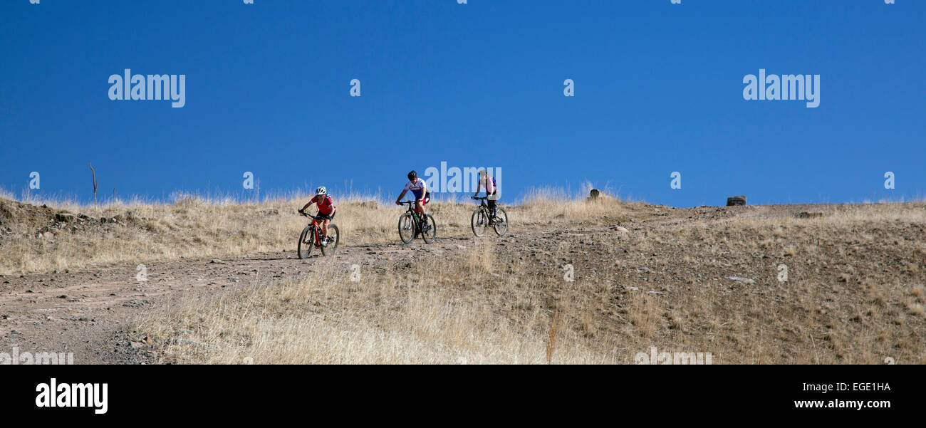 Golden, Colorado - Mountain bike riders on North Table Mountain, a mesa ...