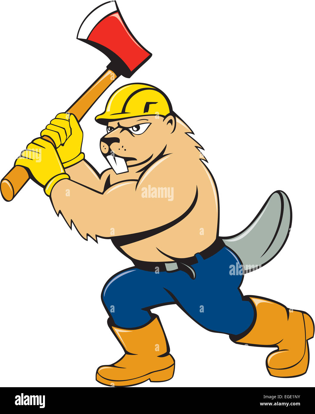 Illustration of a beaver lumberjack wearing hard hat wielding an ax on ...