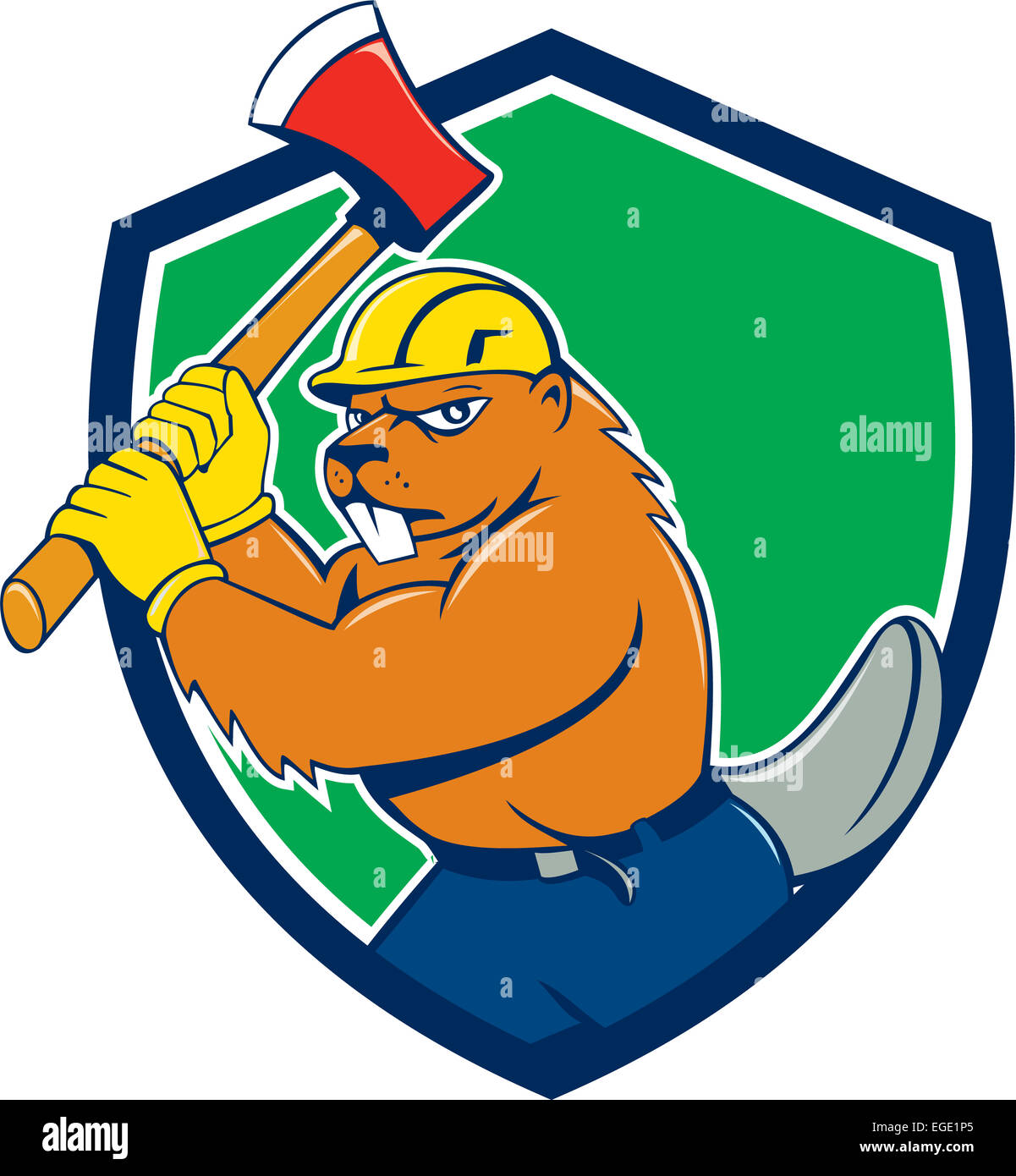 Illustration of a beaver lumberjack wearing hard hat wielding an ax set ...