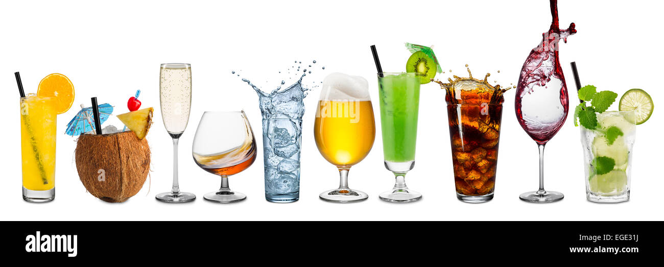 Row of various drinks on white background Stock Photo - Alamy