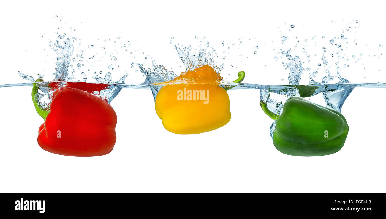 three pepperonis splashing into water Stock Photo - Alamy