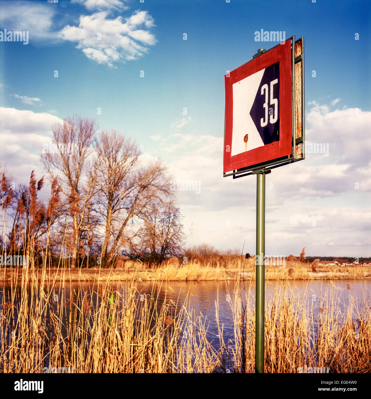 Traffic River Sign on the riverside, landscape in the River Elbe Czech ...
