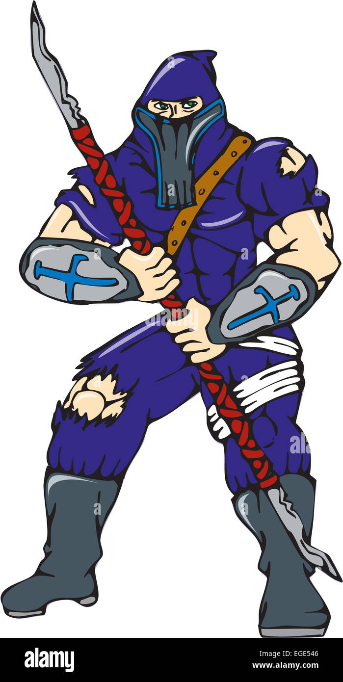 Cartoon style illustration of a masked ninja warrior superhero holding ...