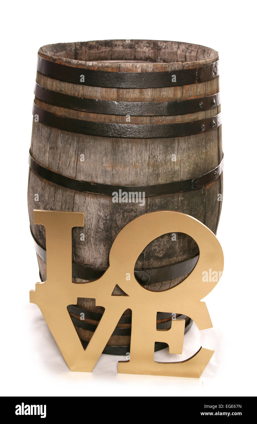 old vintage oak wine barrel with love sign cutout Stock Photo - Alamy