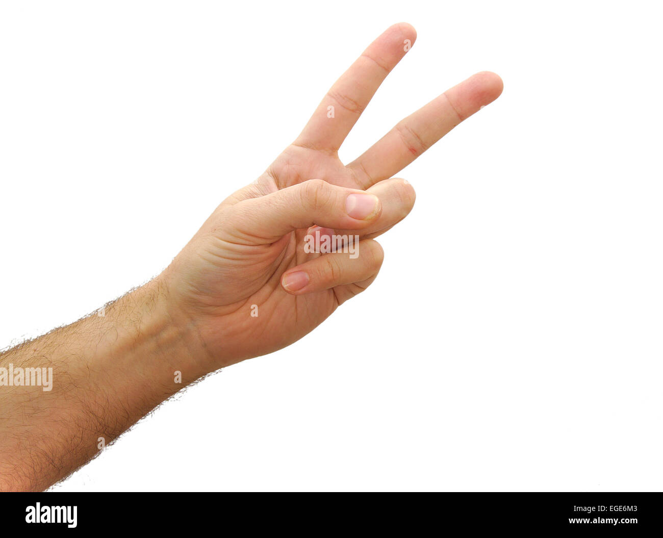 Caucasian man hand showing two fingers isolated on white background ...