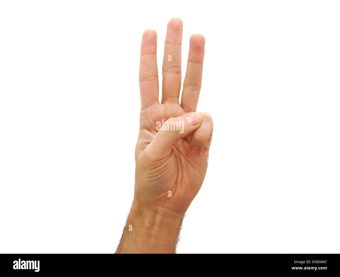 Caucasian man hand showing three fingers isolated on white background ...