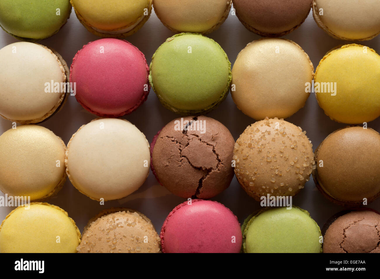 A close up photograph of some colorful Macaroons. A macaroon is a sweet ...