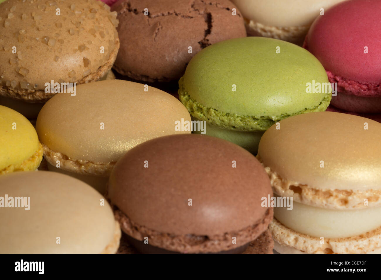 A close up photograph of some colorful Macaroons. A macaroon is a sweet ...