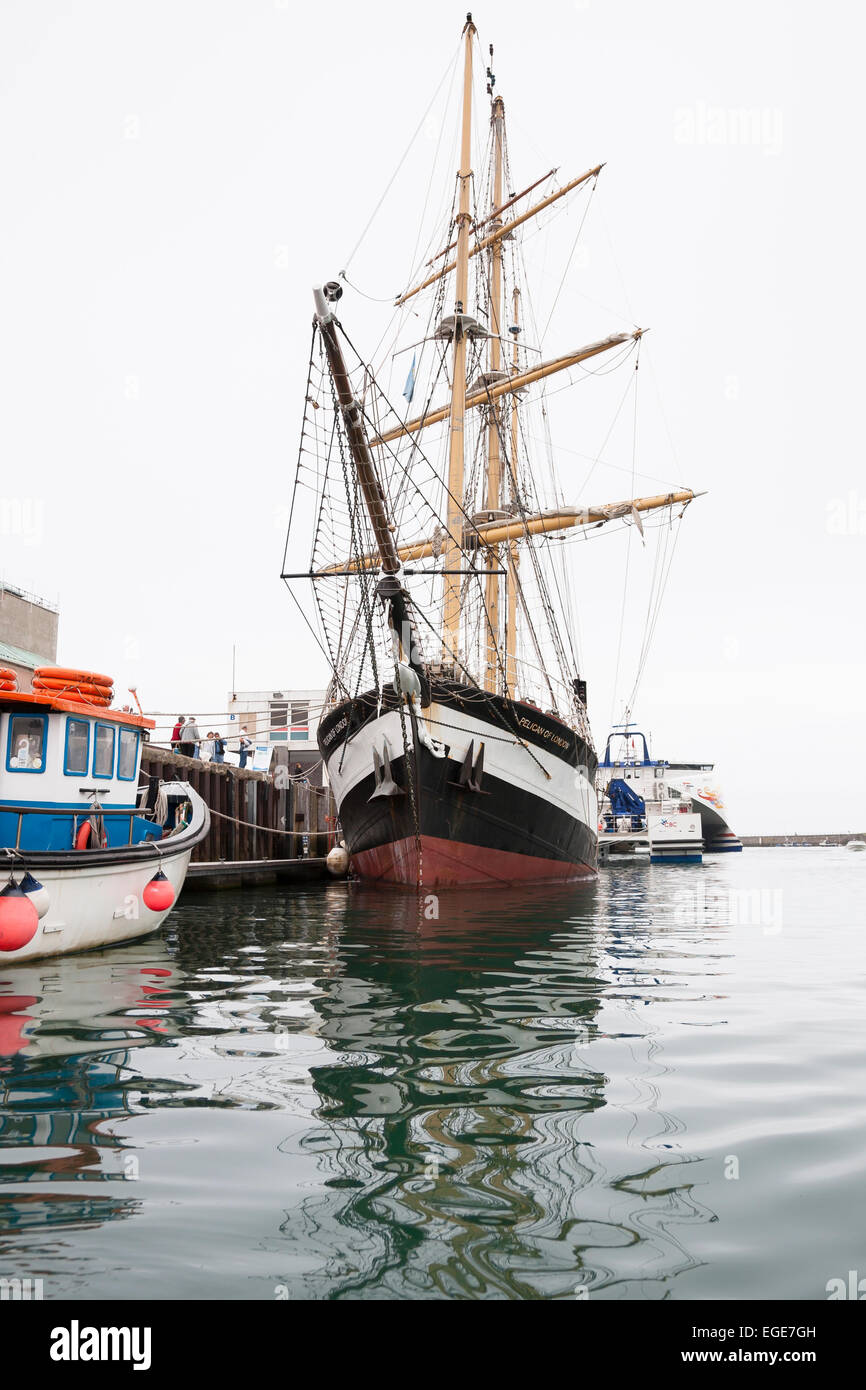 historic tall sailing ship the Pelican of London tied up at mooring in ...