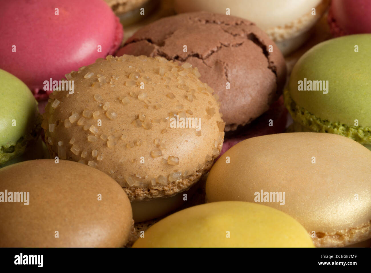 A close up photograph of some colorful Macaroons. A macaroon is a sweet ...