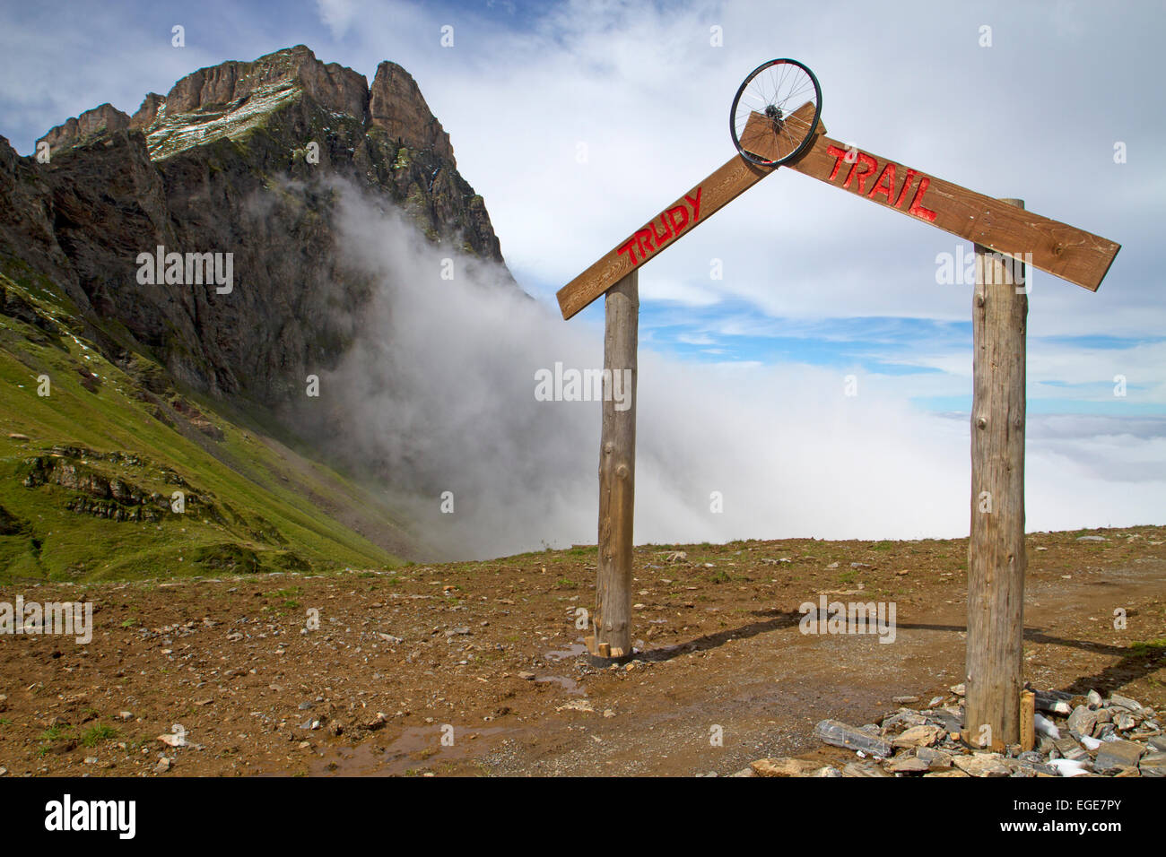 Trailhead for a mountain bike route on Jochpass in the Swiss Alps Stock ...