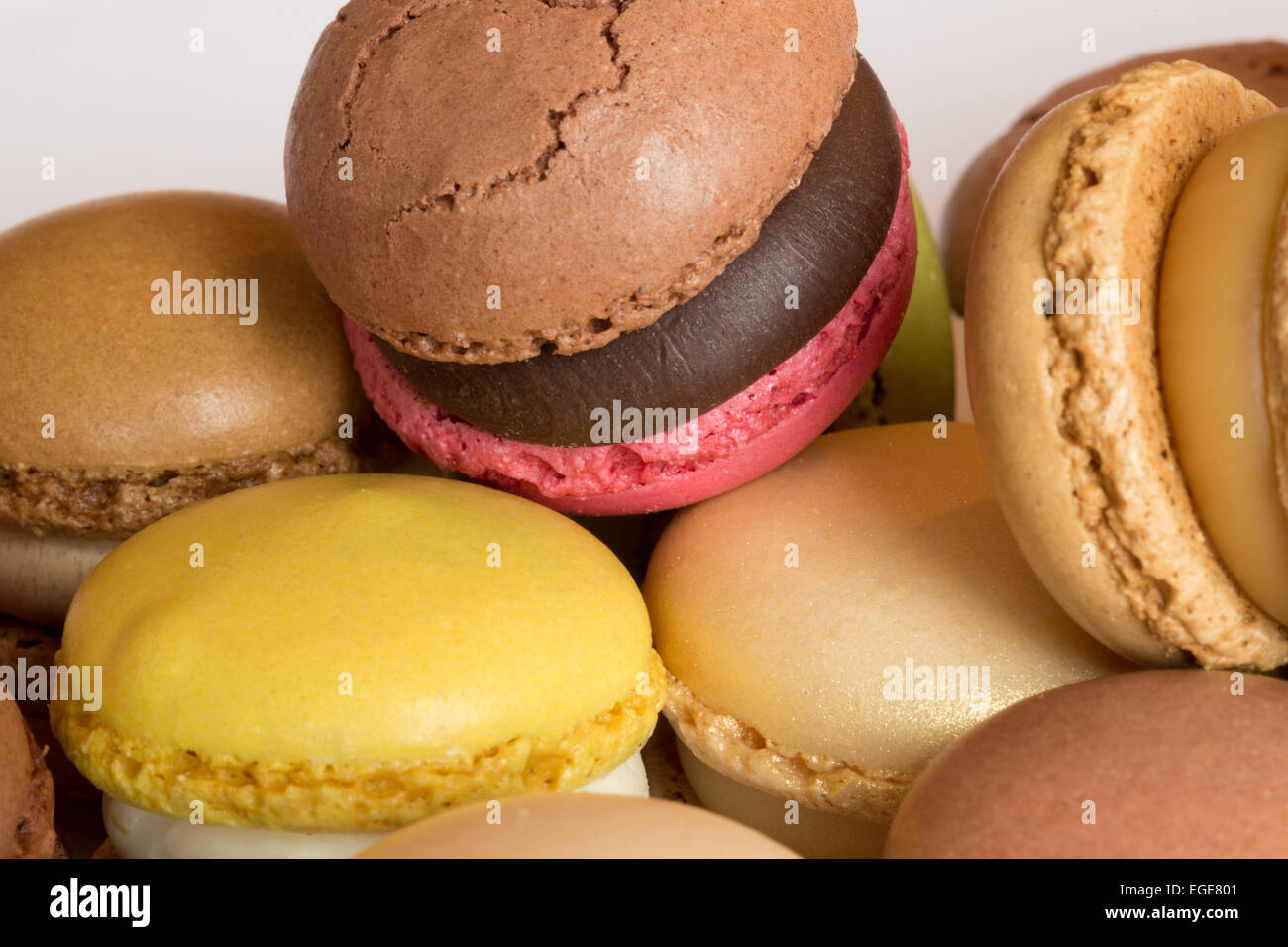 A close up photograph of some colorful Macaroons. A macaroon is a sweet ...