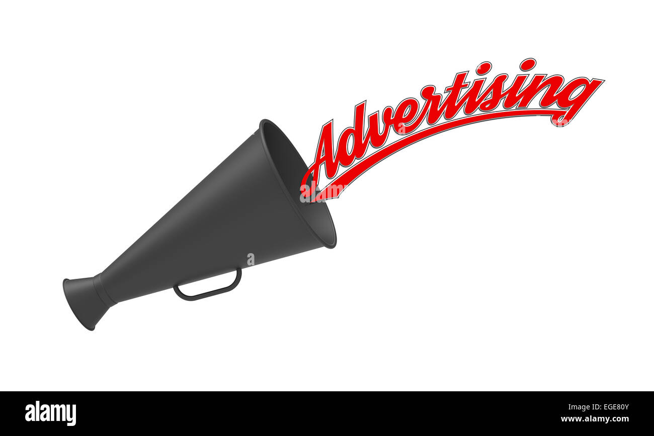 Megaphone on white background with pop-up caption 'Advertising ...