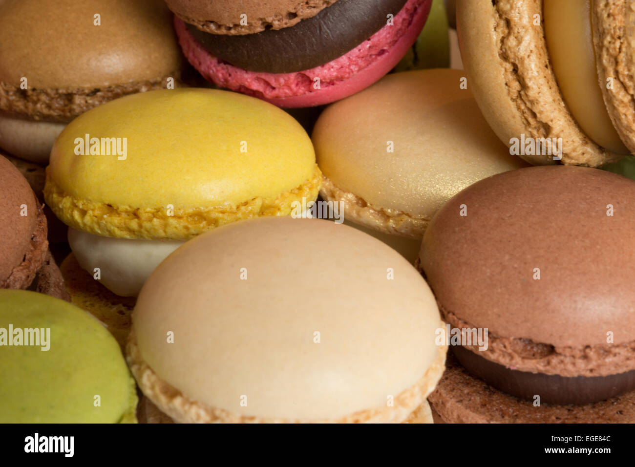 A close up photograph of some colorful Macaroons. A macaroon is a sweet ...