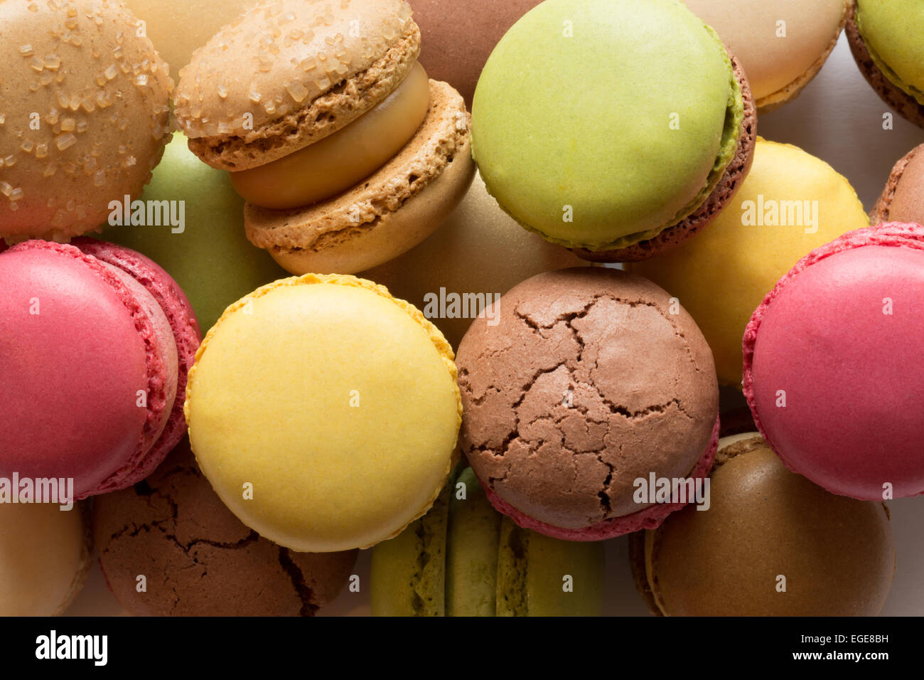 A close up photograph of some colorful Macaroons. A macaroon is a sweet ...