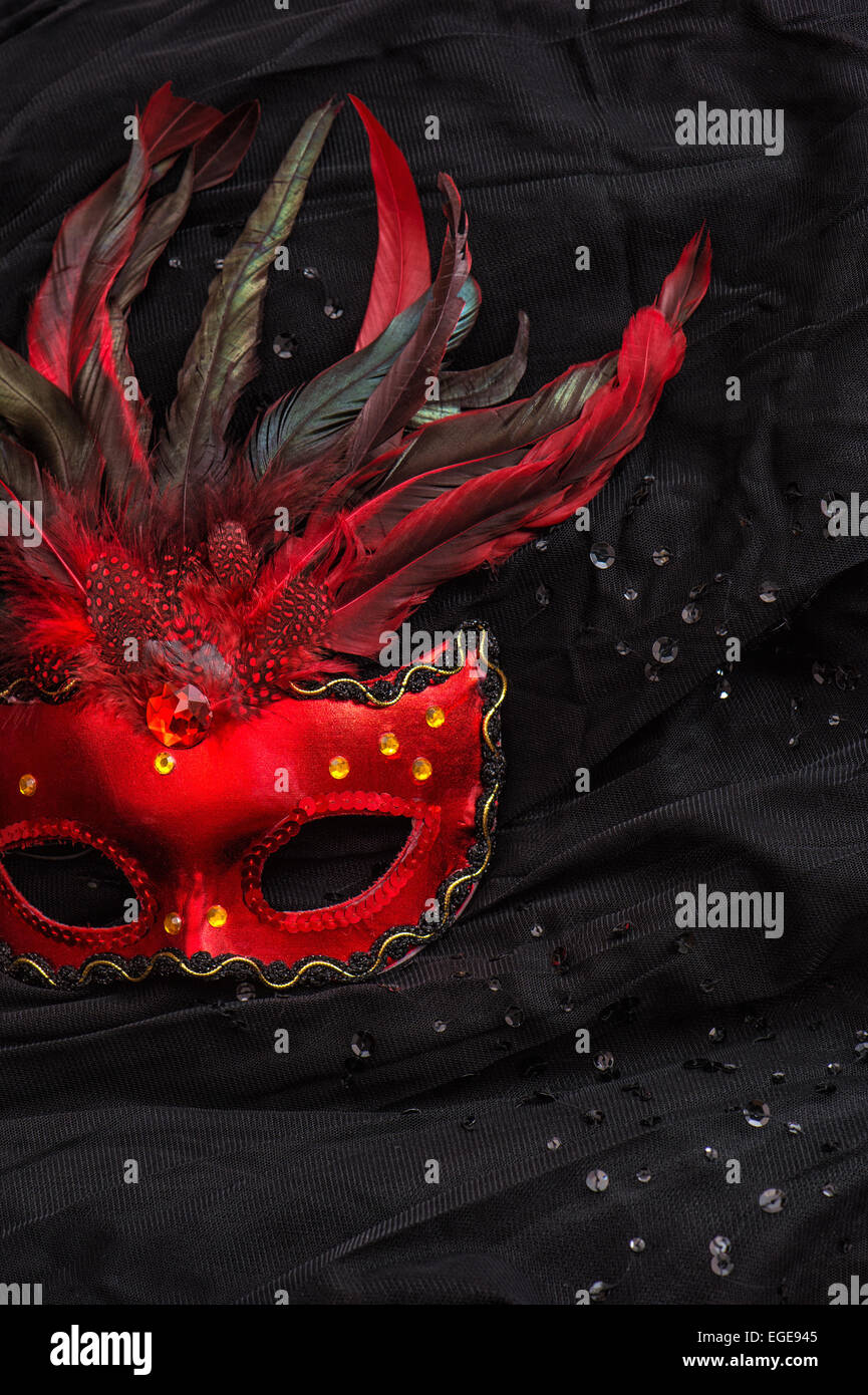 Black And Red Masquerade Mask With Feathers