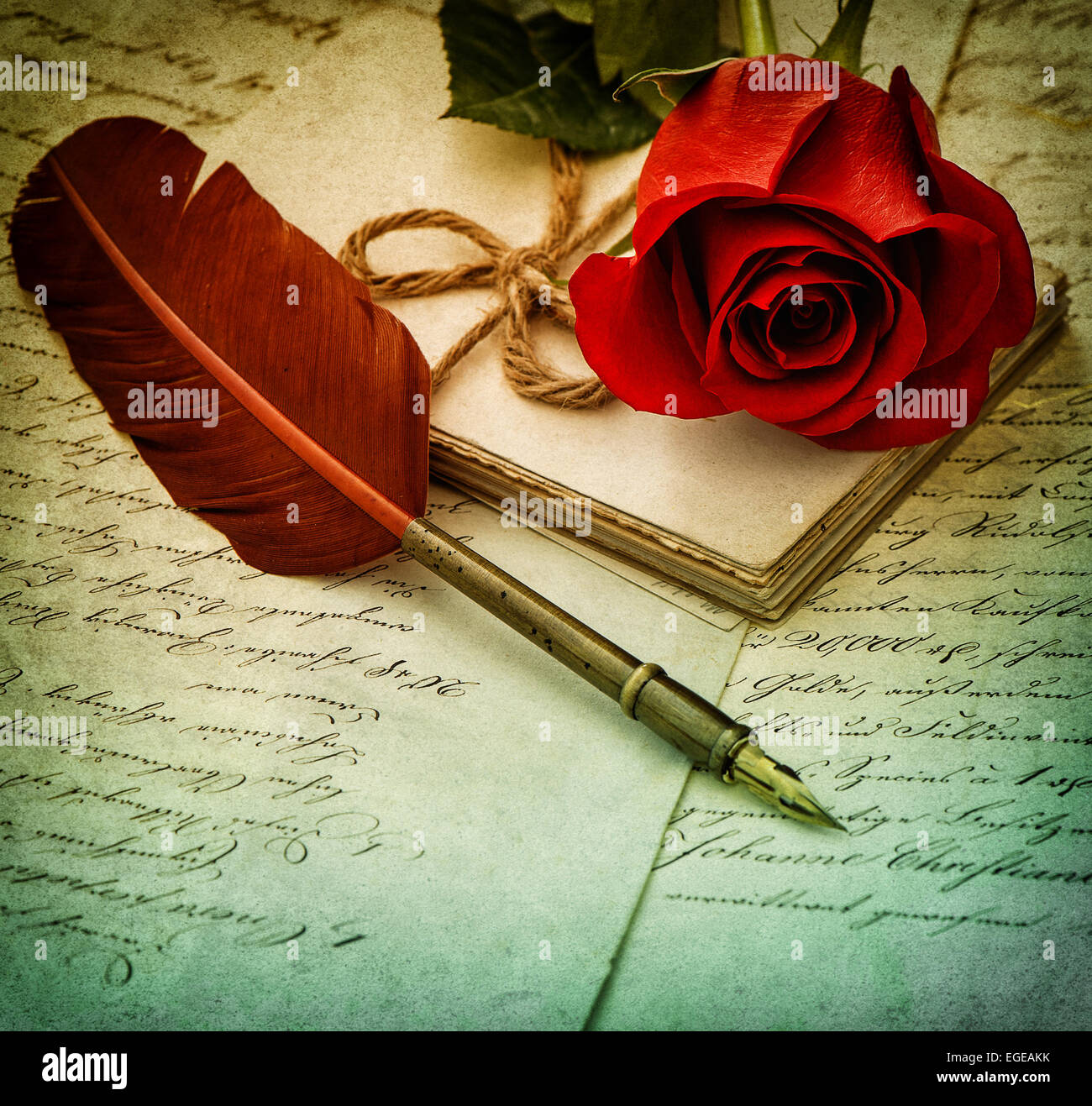 Old letters, rose flower and antique feather pen. Romantic sentimental ...