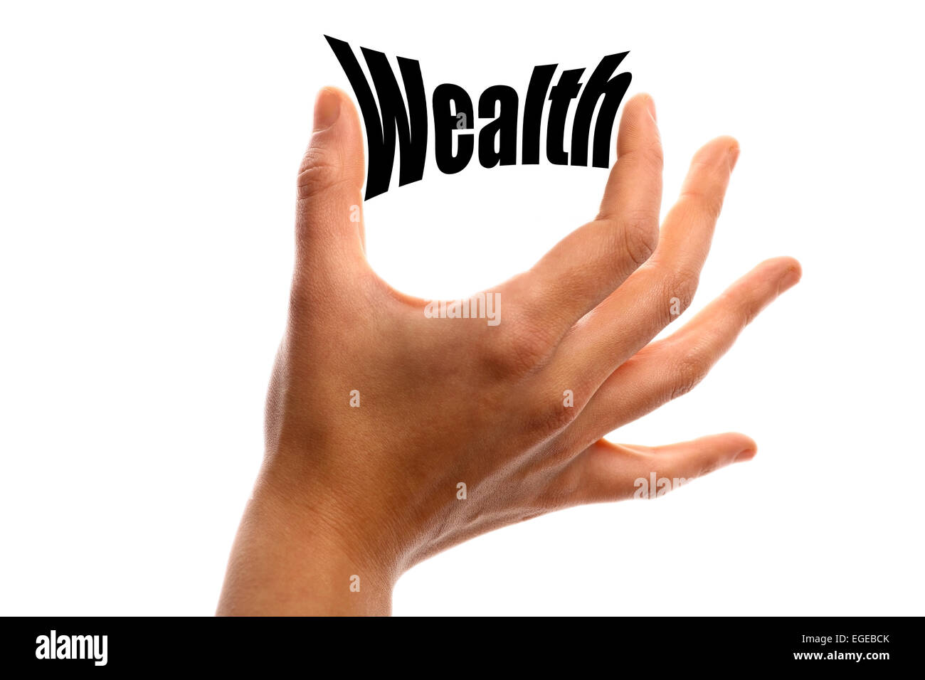 Horizontal shot of a hand holding the word "Wealth" between two fingers ...