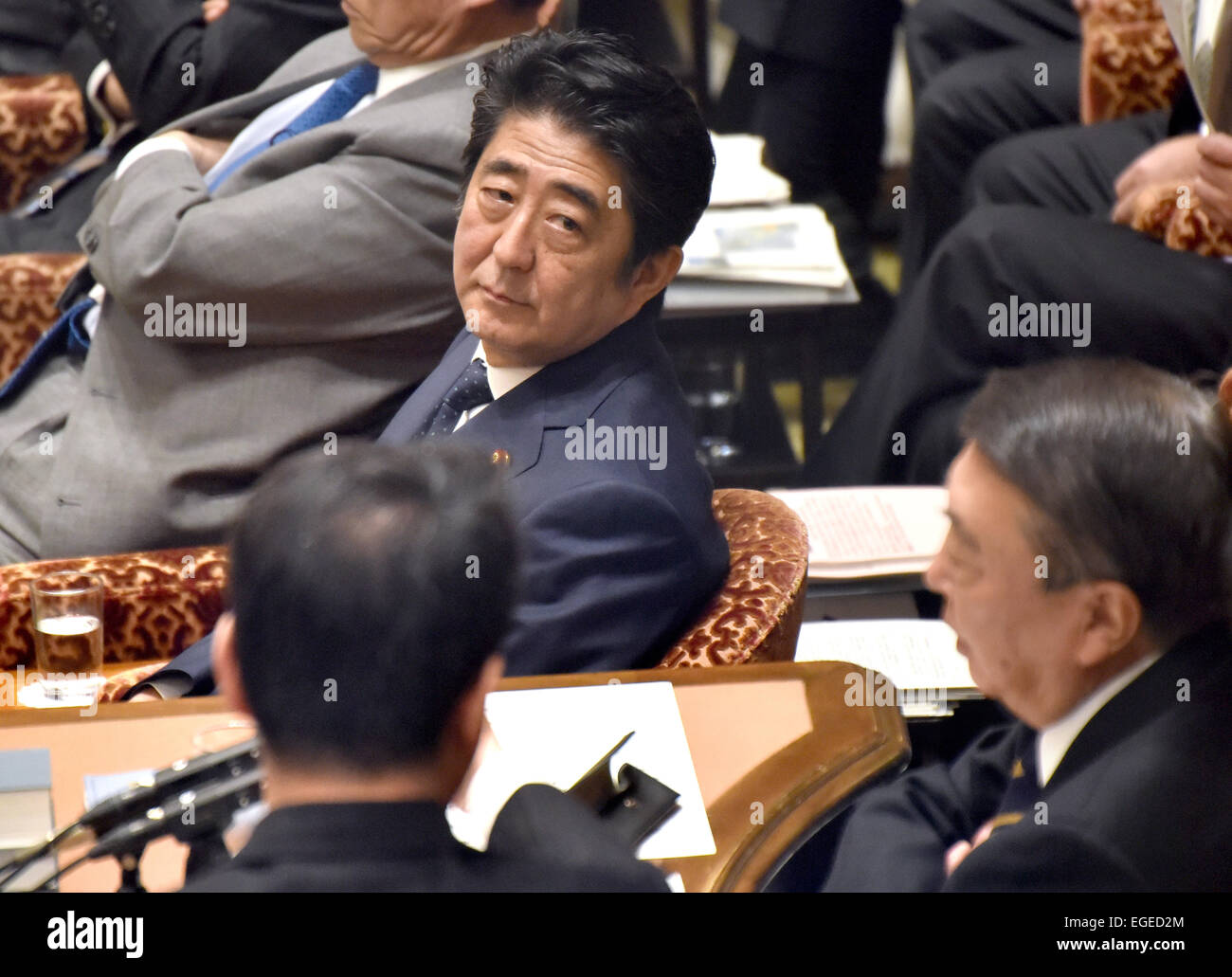 Tokyo, Japan. 23rd Feb, 2015. Japan's Prime Minister Shinzo Abe, center ...
