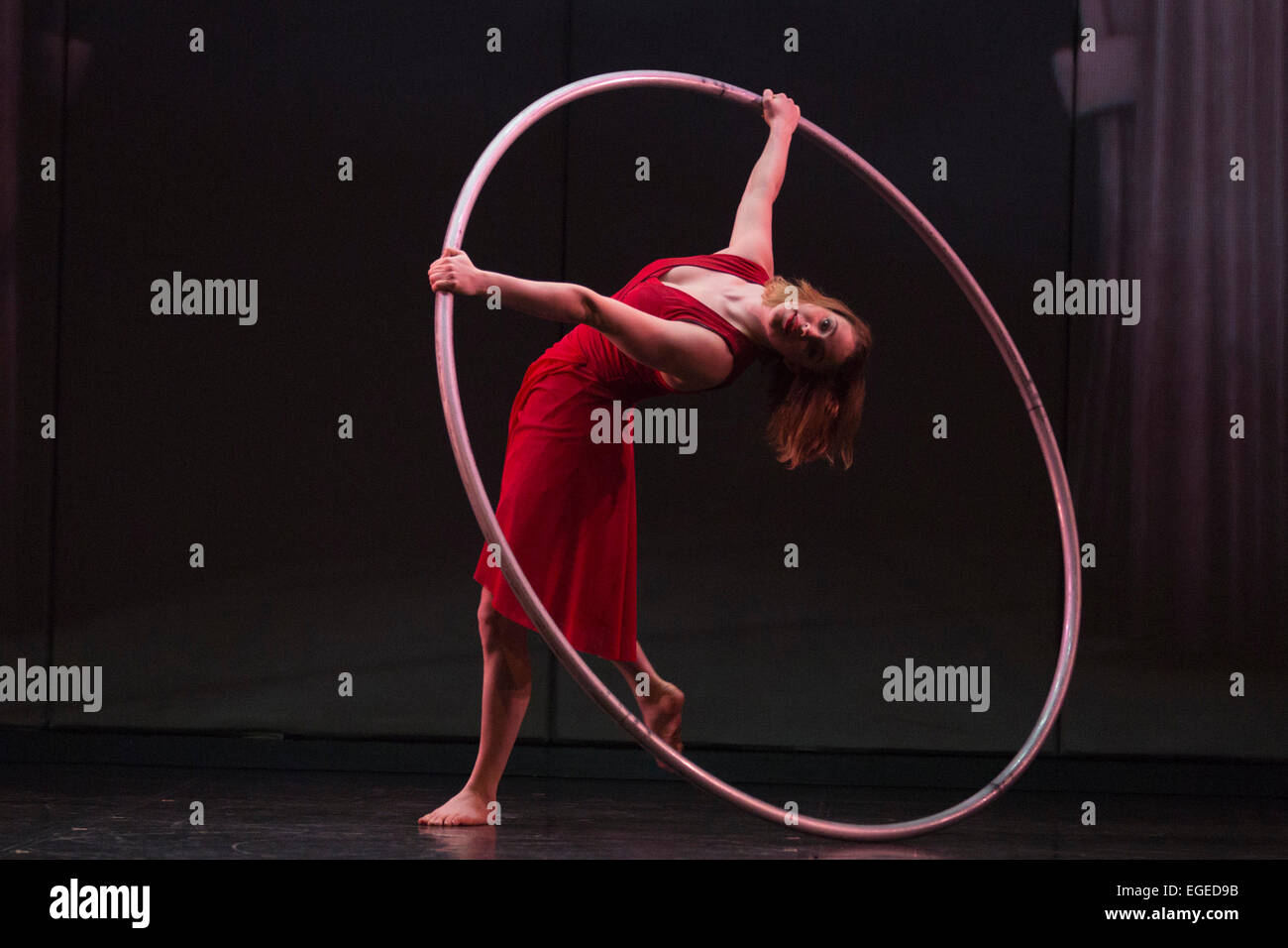 Léa Toran Jenner performs on the Cyr Wheel. Photocall for Cirque Eloize ...