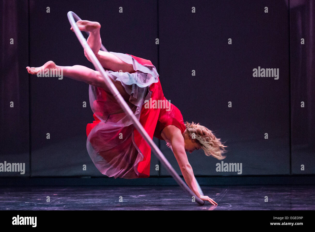 Léa Toran Jenner performs on the Cyr Wheel. Photocall for Cirque Eloize ...