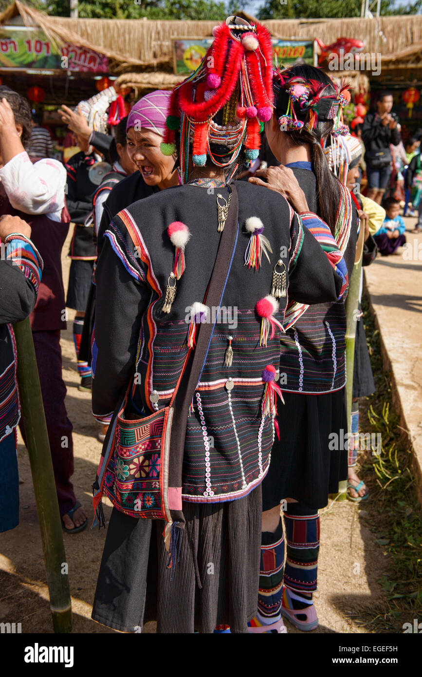 Traditional clothing worn by Akha women in Mae Salong, Chiang Rai ...
