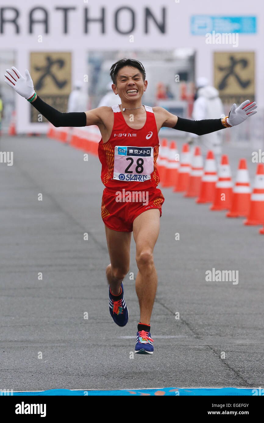 Tokyo, Japan. 22nd Feb, 2015. Hiroaki Sano (JPN) Marathon : Hiroaki Sano of crosses the finish ...