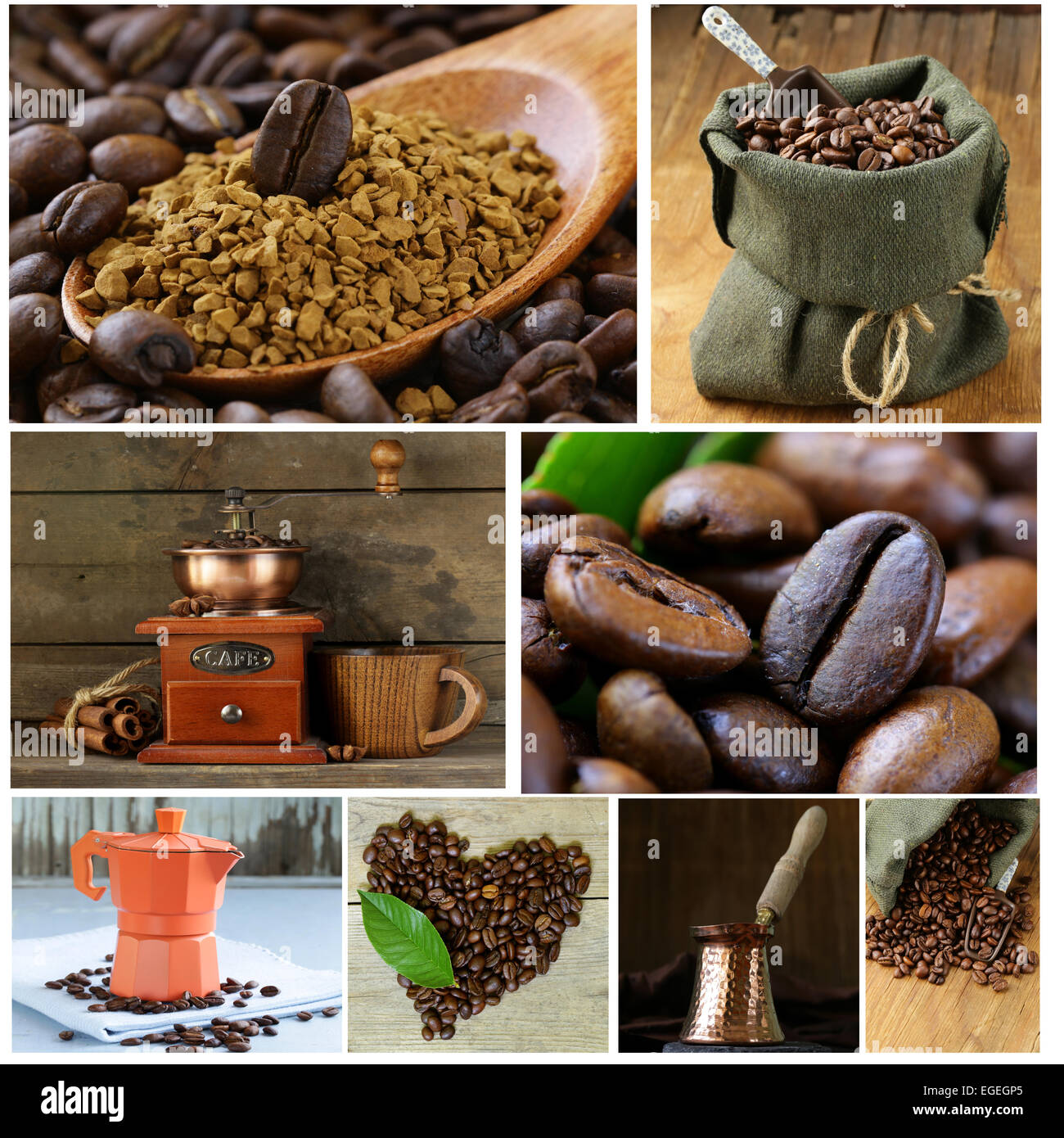 Collage of coffee in bag and different utensils for boiling coffee ...