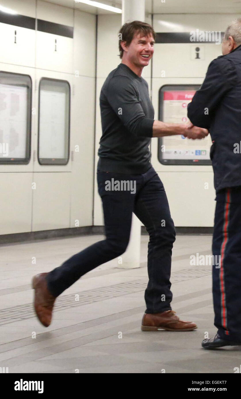 Filming takes place on the set of 'Mission: Impossible 5' at a subway ...