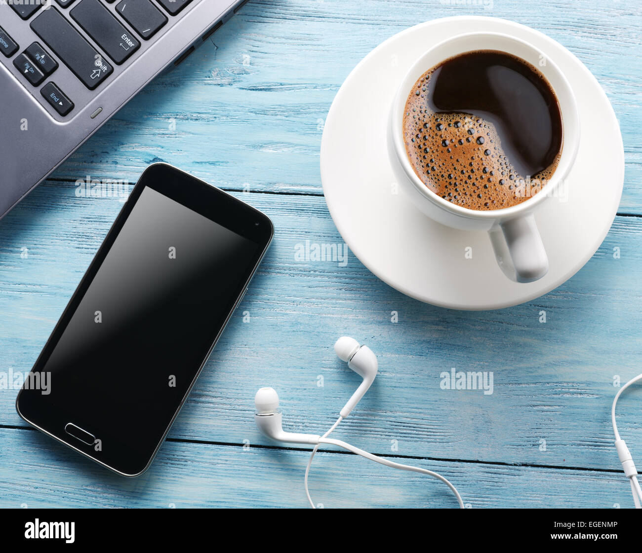 Coffee break. Office table with different gadgets on it. Top view Stock ...