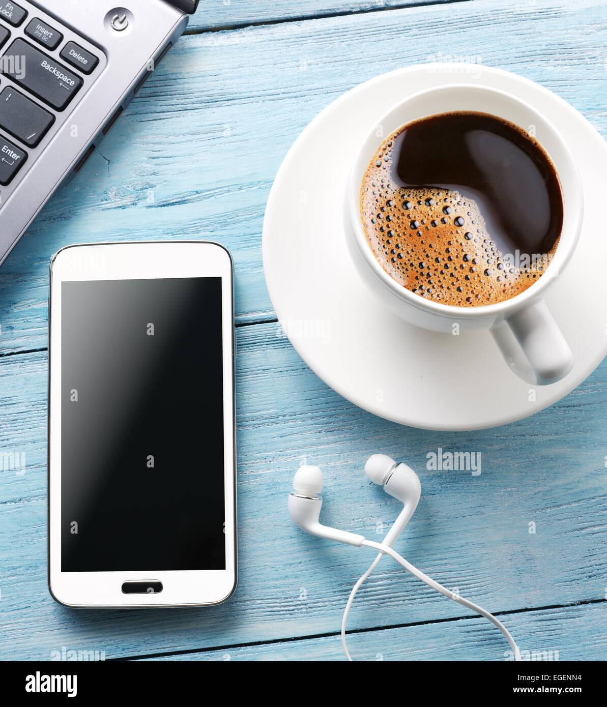 Coffee break. Office table with different gadgets on it. Top view Stock ...