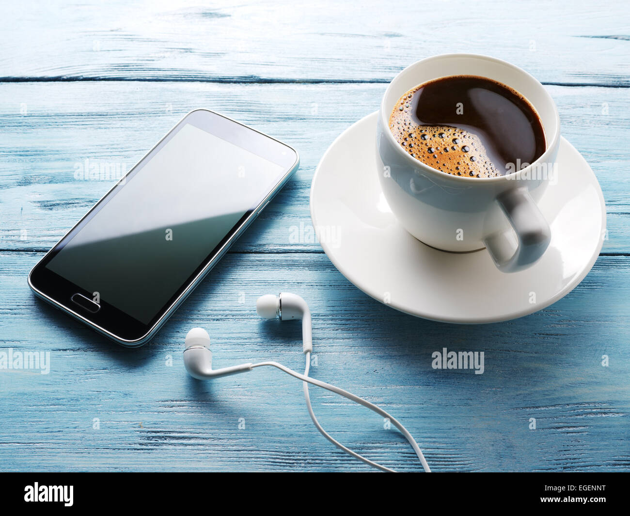 Coffee break. Office table with different gadgets on it. Top view Stock ...