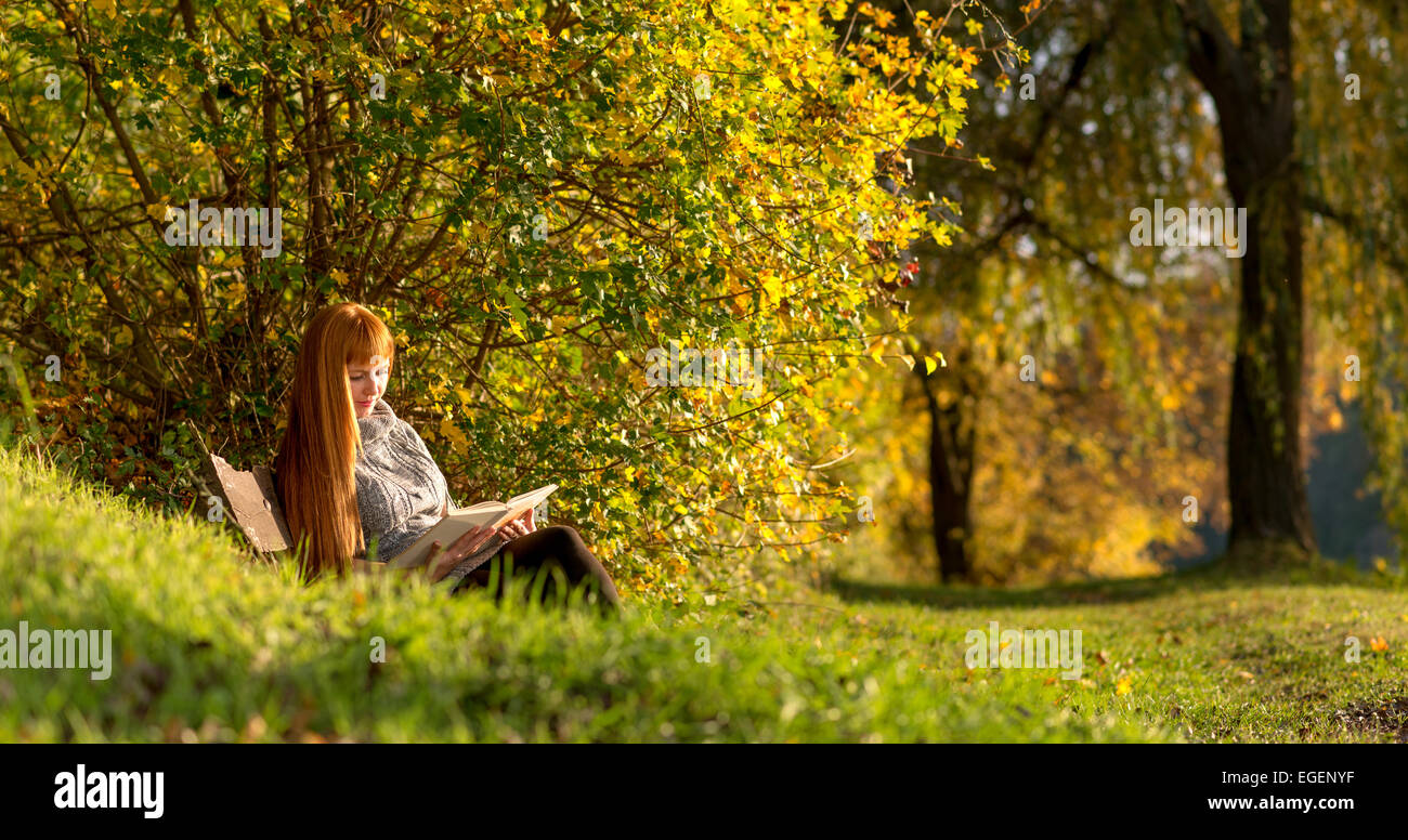 Woman read the book in autumn forest Stock Photo - Alamy