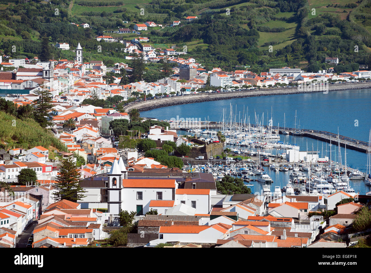 View of the town from Mount Guia, Horta, Porto Pim, Faial, Azores ...