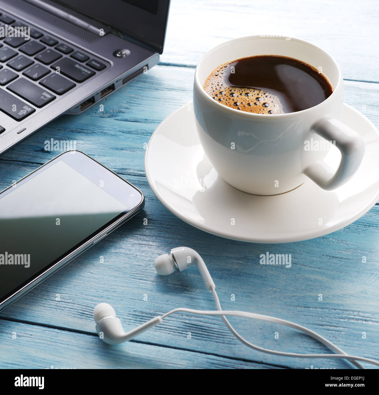 Coffee break. Office table with different gadgets on it. Top view Stock ...