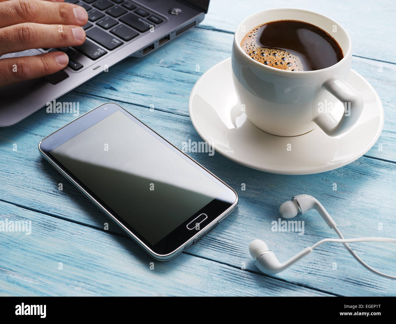 Coffee break. Office table with different gadgets on it. Top view Stock ...