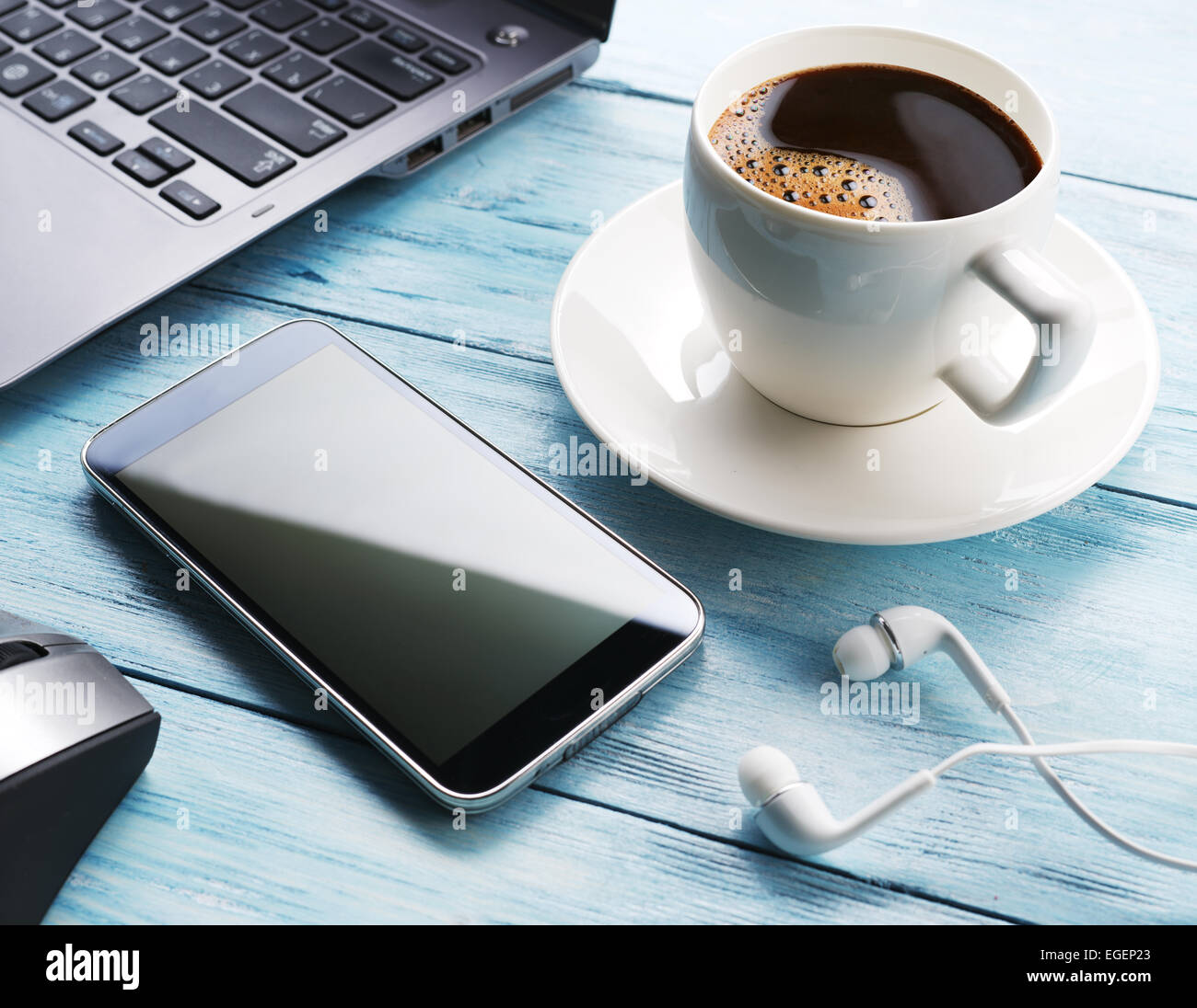 Coffee break. Office table with different gadgets on it. Top view Stock ...
