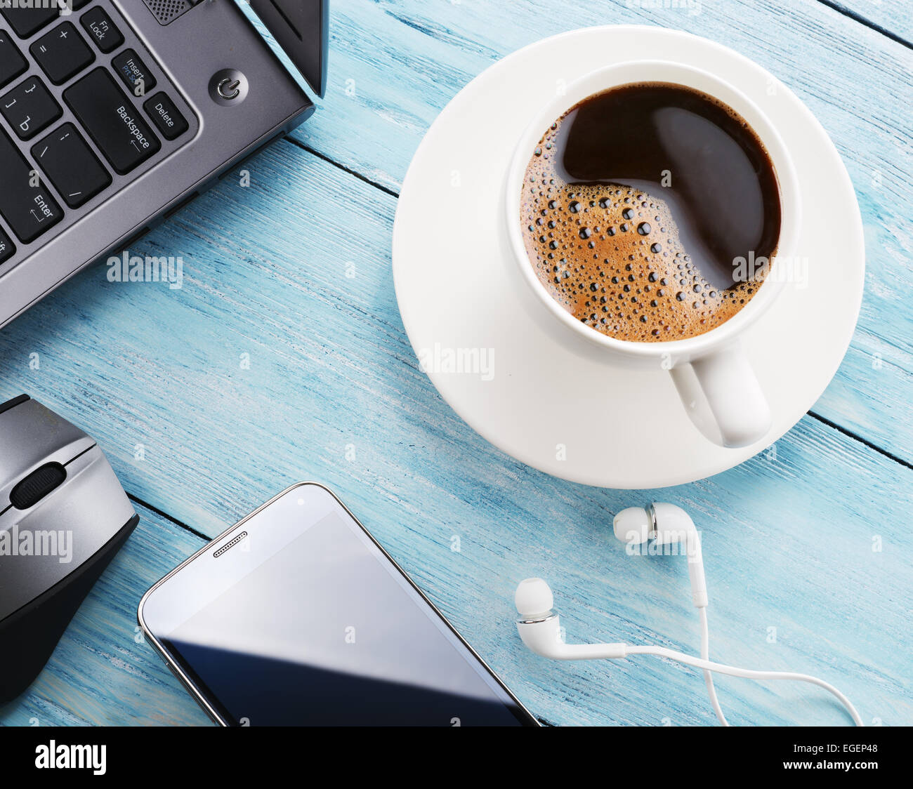 Coffee break. Office table with different gadgets on it. Top view Stock ...