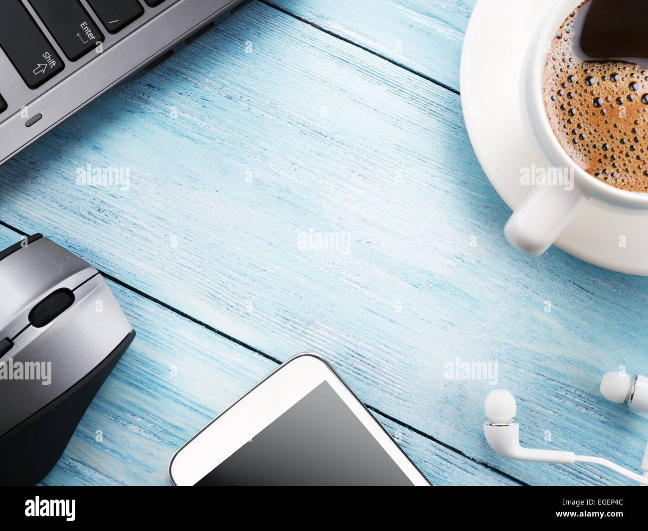 Coffee break. Office table with different gadgets on it. Top view Stock ...