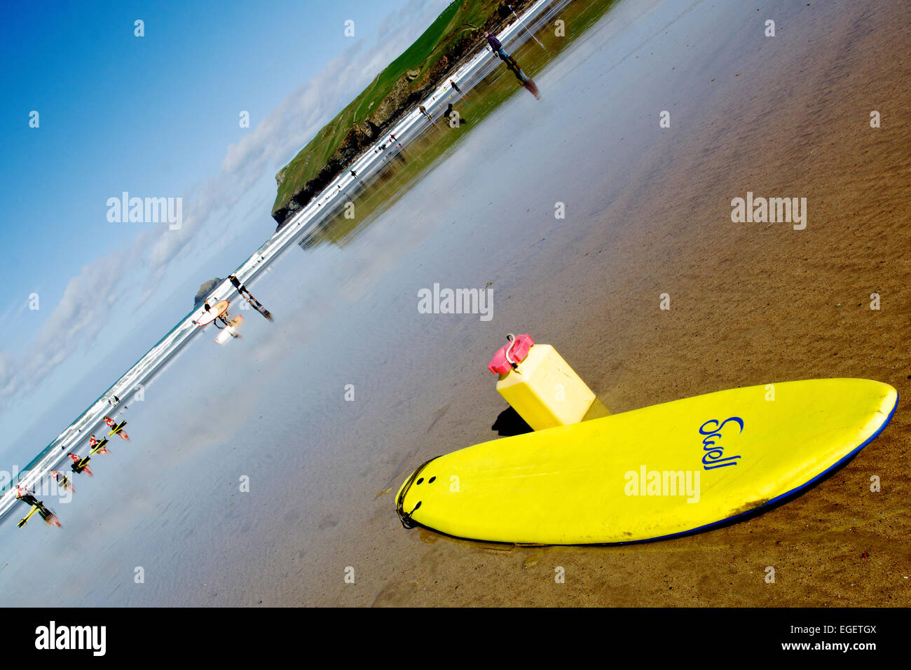 Surf school Polzeath beach, Cornwall UK on a bright sunny day Stock ...
